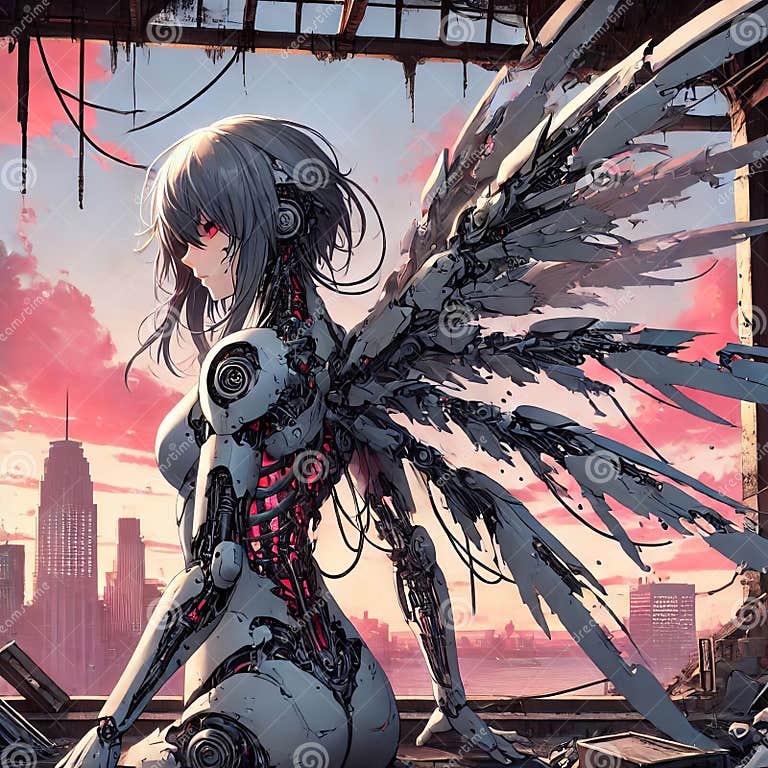 Futuristic Android with Tattered Mechanical Wings Stock Illustration ...
