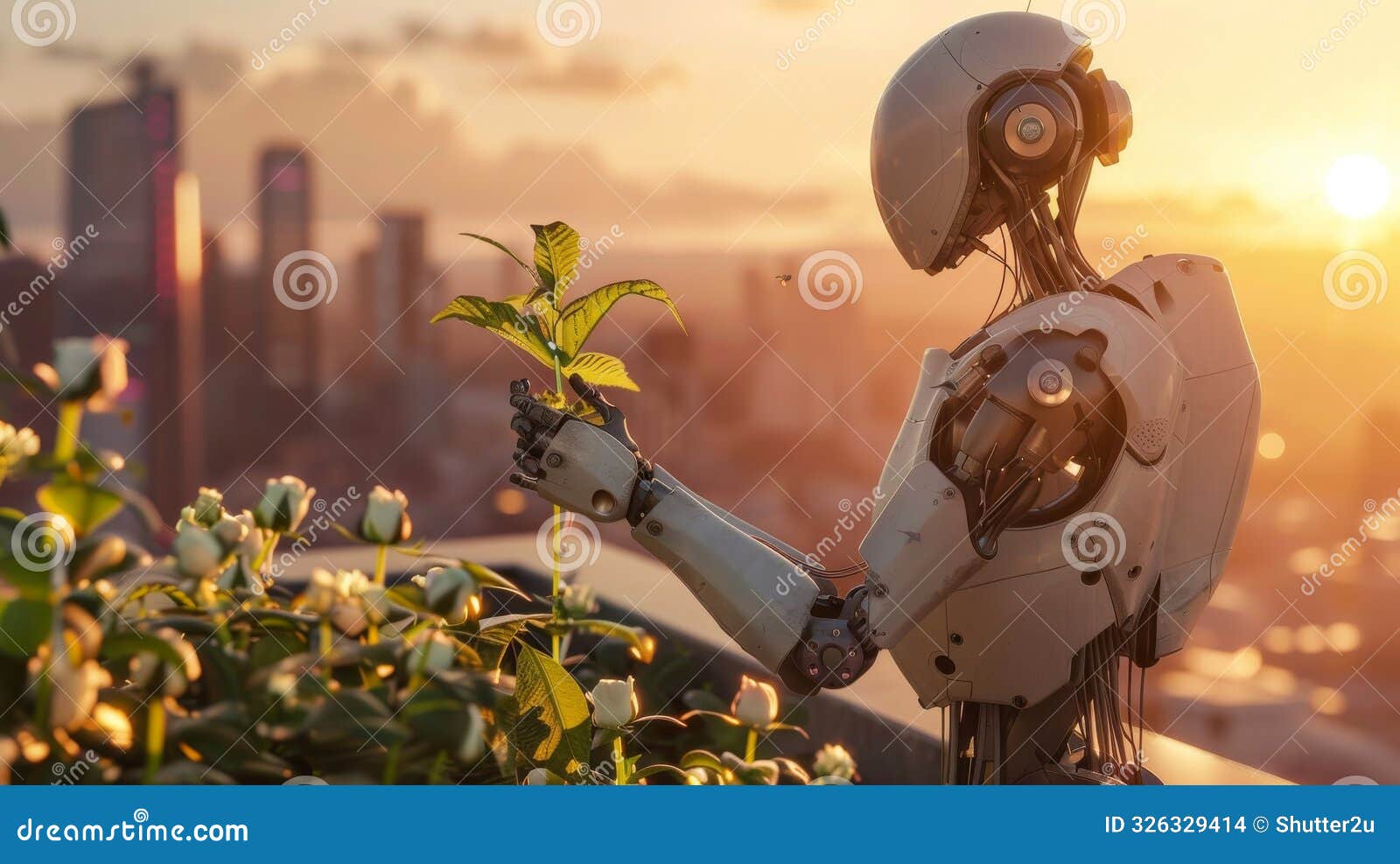 Futuristic Android Tending a Garden on a Rooftop with a City Skyline ...
