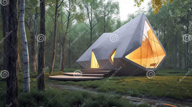 Modern Angular House in a Serene Forest Setting Stock Image - Image of ...