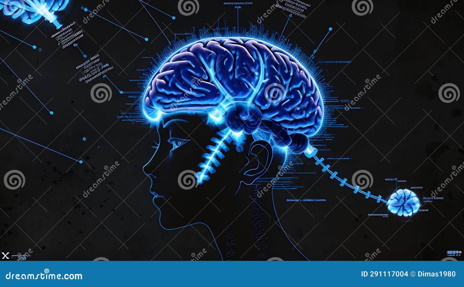 Futuristic Animation with Blue Human Brain on Dark Grunge Background ...