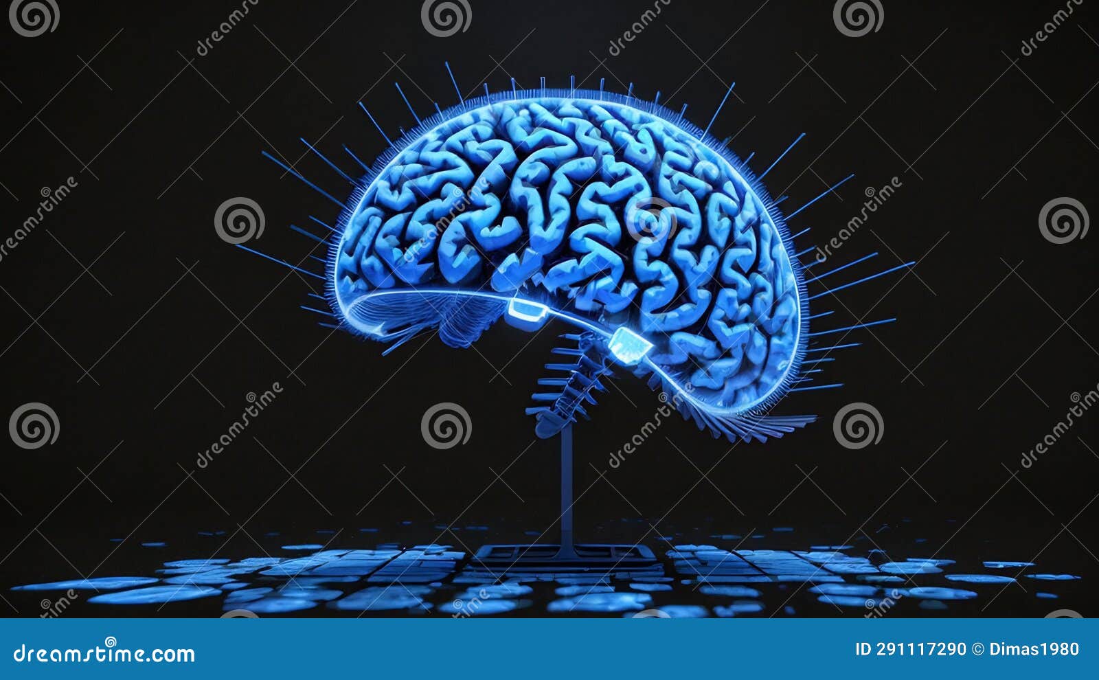 Futuristic Animation with Blue Human Brain on Dark Grunge Background ...