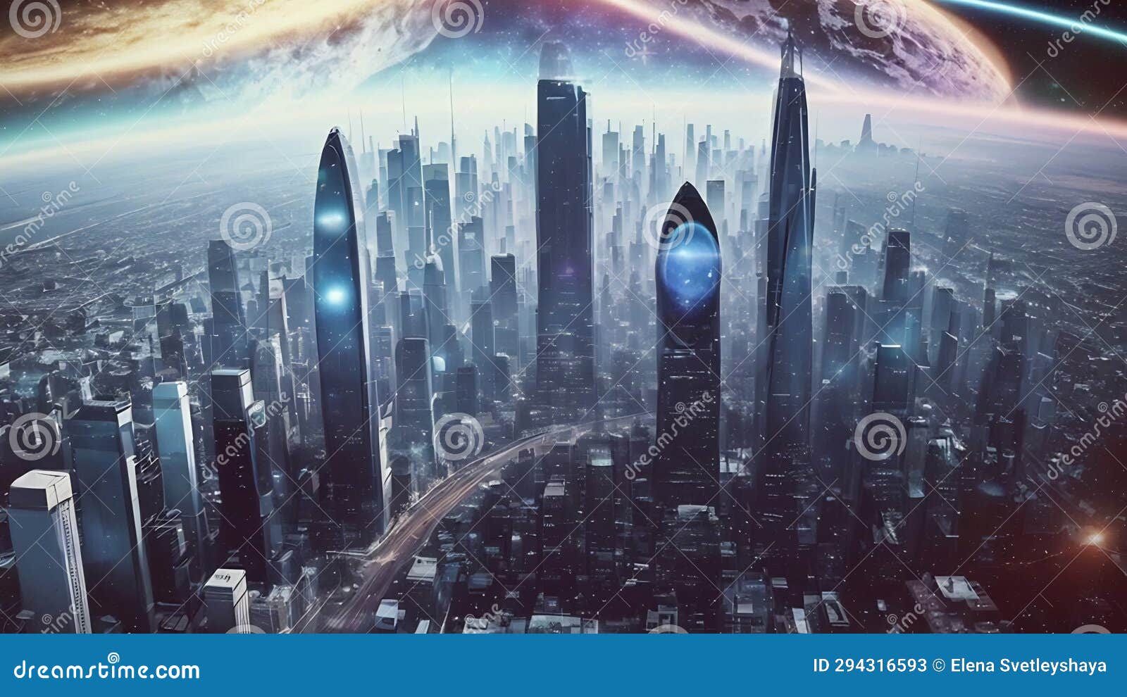 Futuristic Animation with City, High Skyscrapers and Fantastic Starry ...