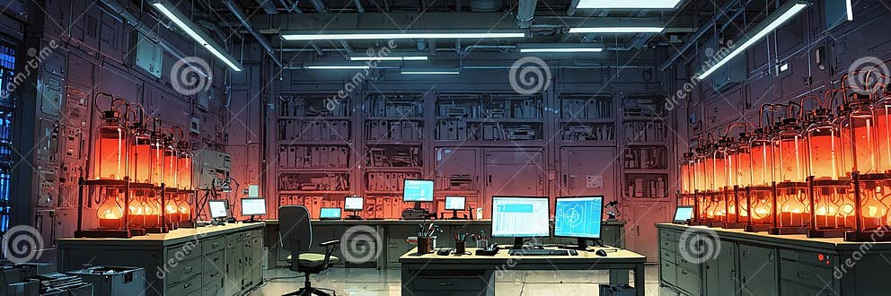 Futuristic Anime Laboratory Filled with Gadgets and Tech Stock ...