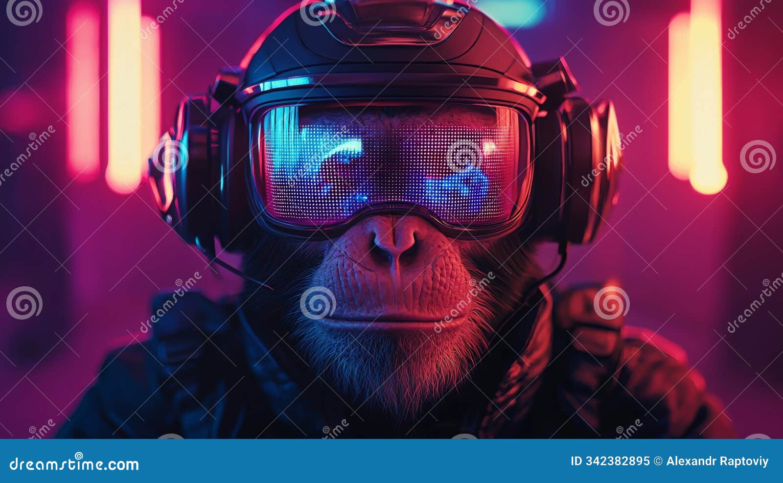A Futuristic Ape in High-tech Gear with Neon Lights in a Cyberpunk ...