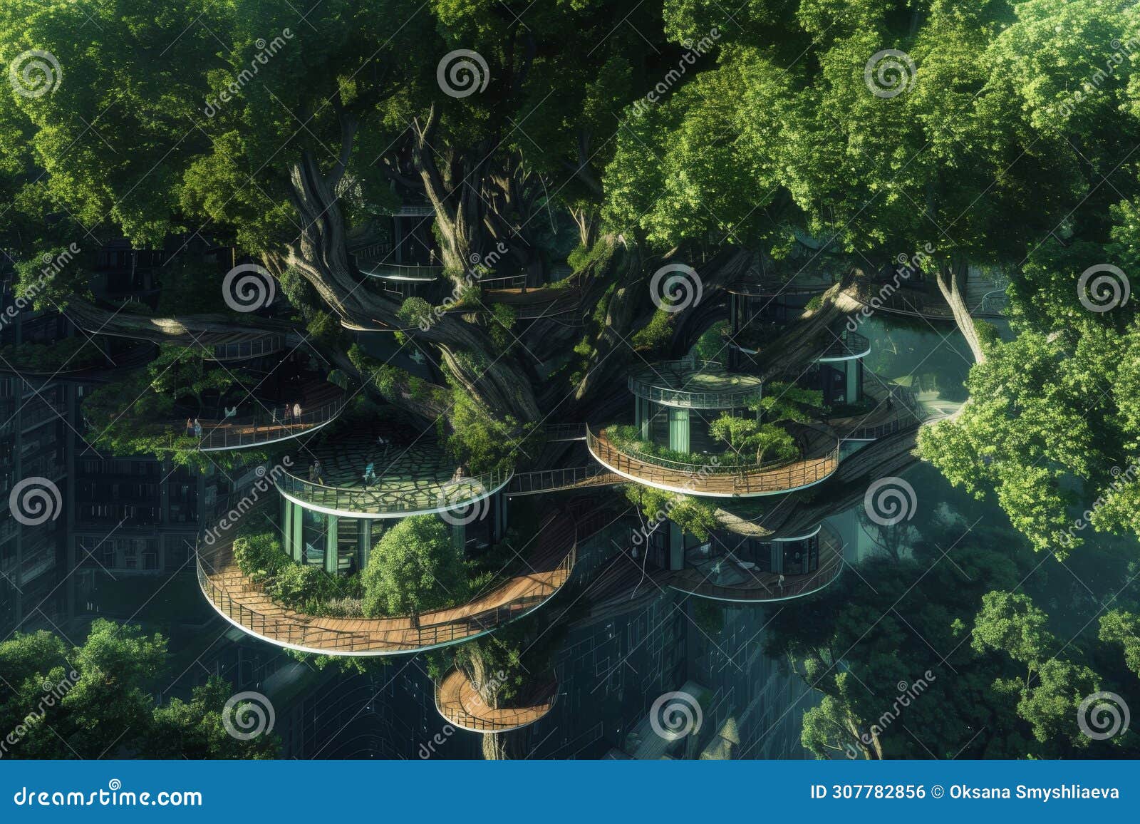 Futuristic Arboreal Architecture Blending with Urban Sprawl in Daylight ...