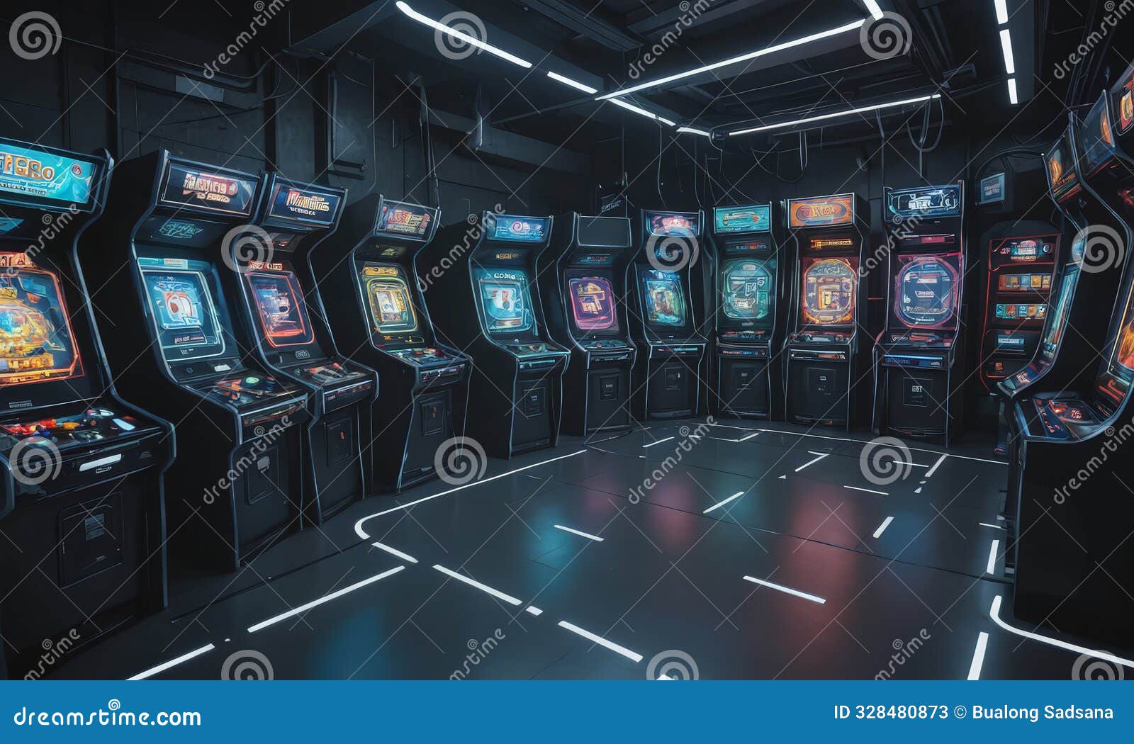 Futuristic Arcade Room Features Rows Arcade Cabinets with Vibrant Game ...