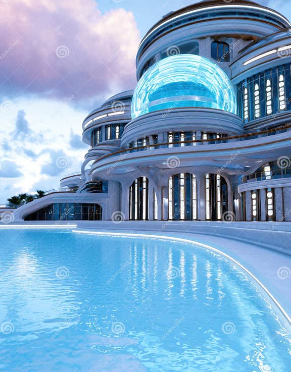 Futuristic Architectural Design with Glass Dome and Pool Stock ...