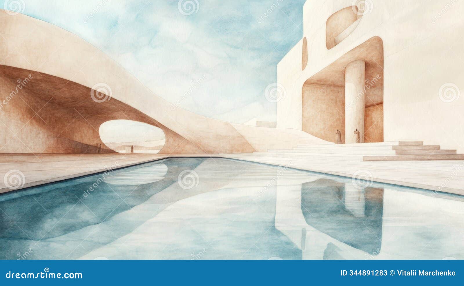 Futuristic Architectural Design with Reflective Pool and Curved ...