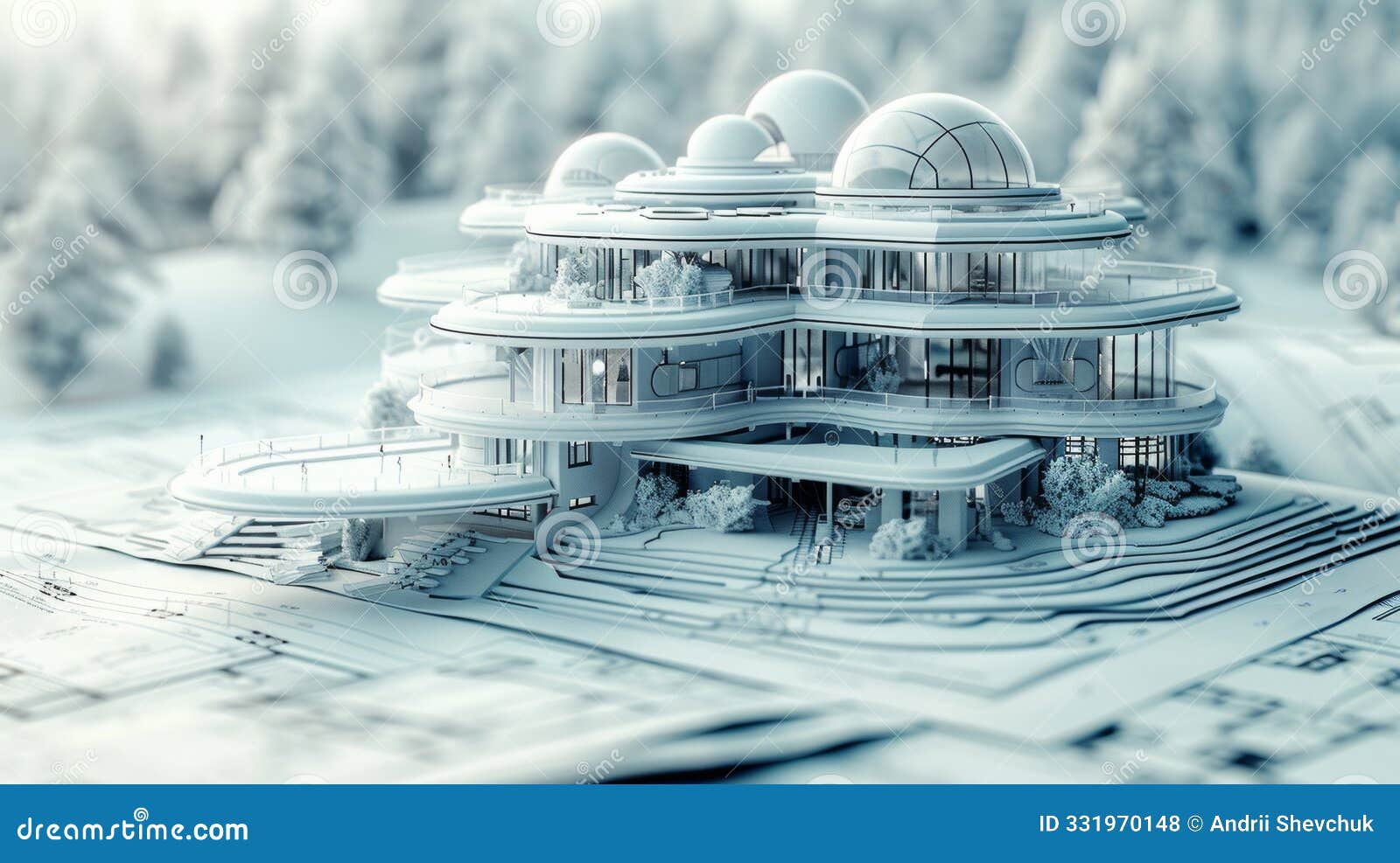 Futuristic Architectural Model with Detailed Blueprints and Design ...