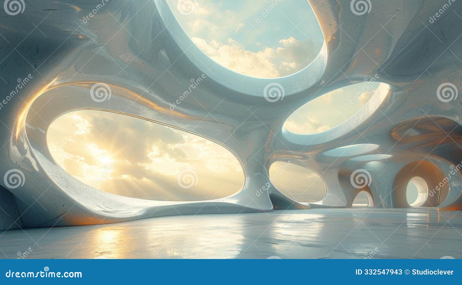 Futuristic Architectural Structure With LED Lights At Sunset In A Misty ...