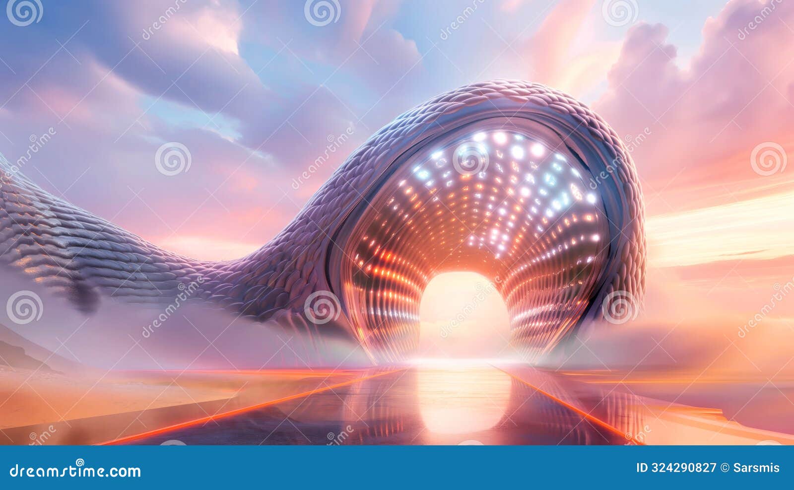 Futuristic Architectural Structure With LED Lights At Sunset In A Misty ...