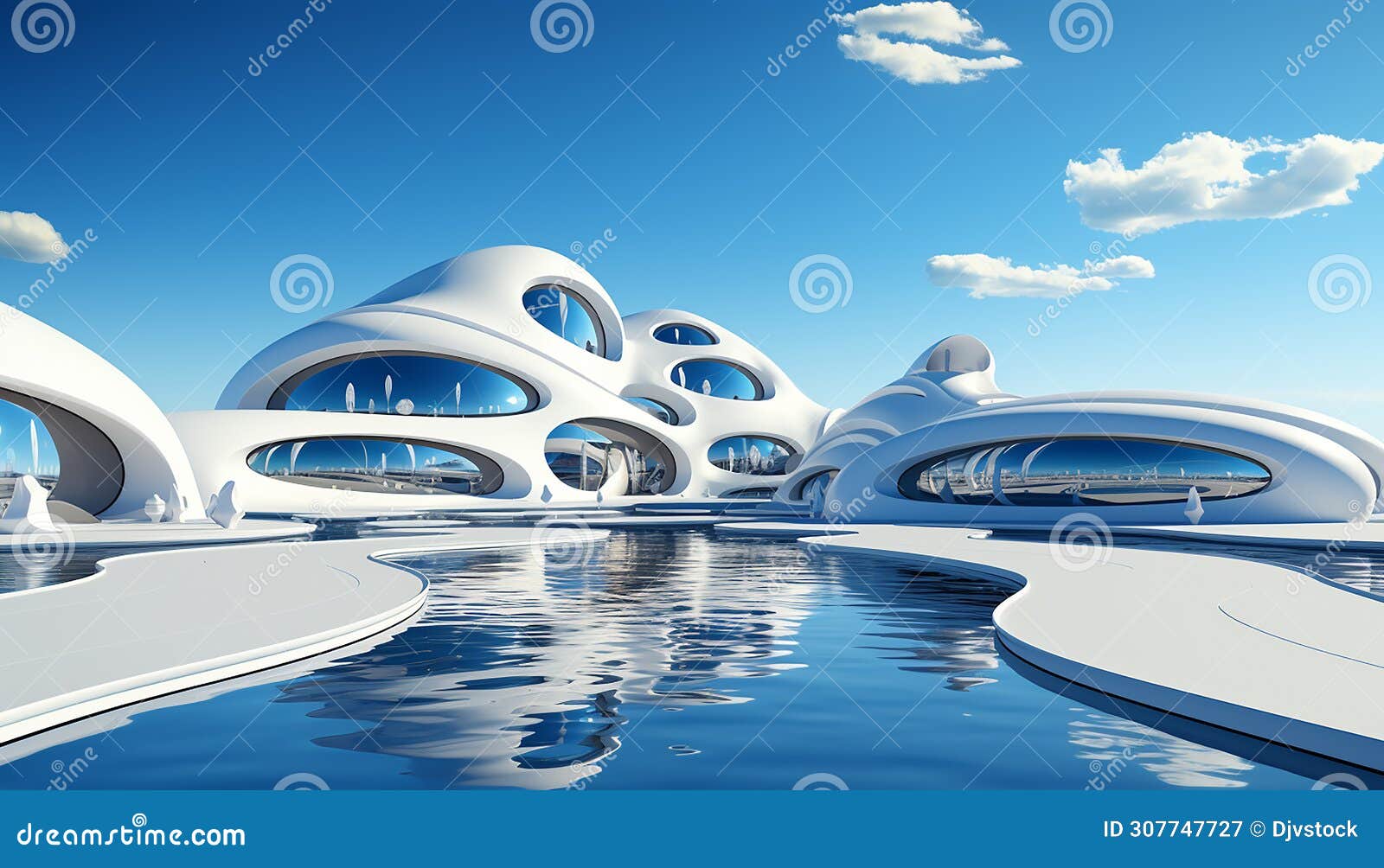 Futuristic Architecture Design Modern Wave Reflects in Blue Swimming ...