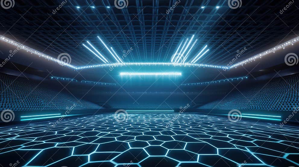 Futuristic Arena with Glowing Hexagonal Pattern Floor and Neon Lights ...