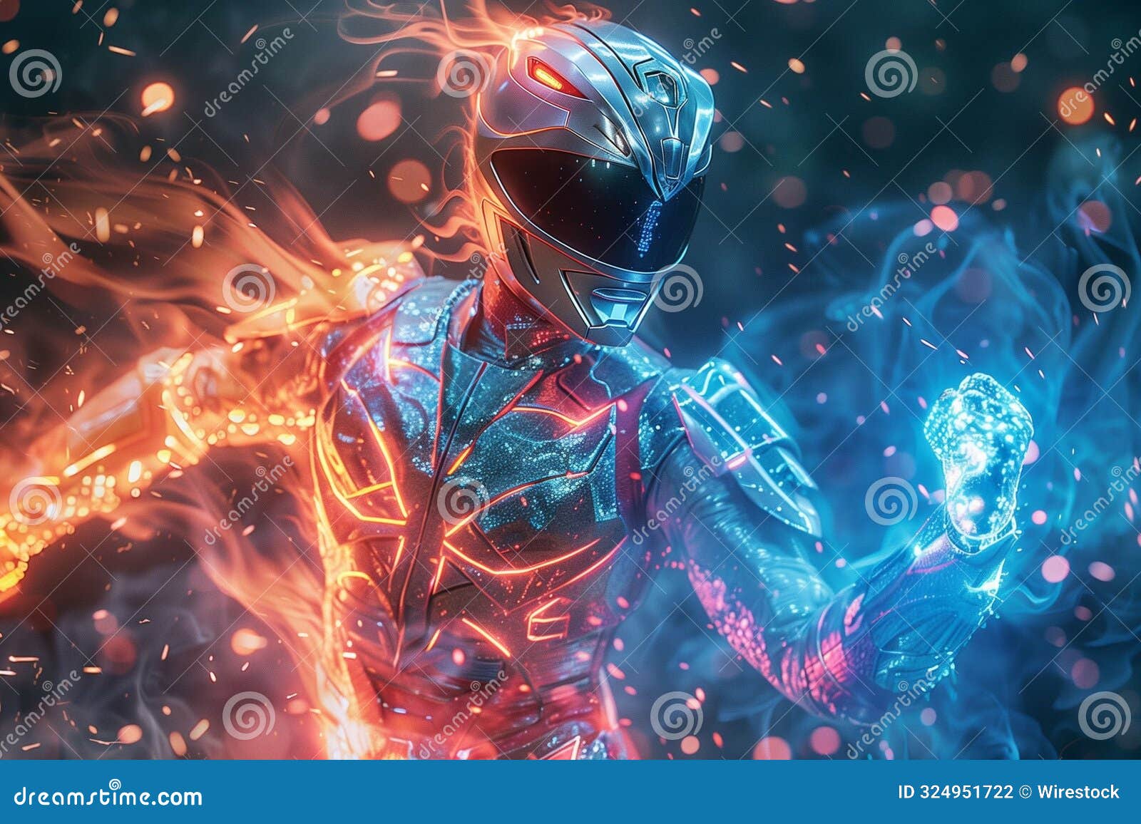 Futuristic Armored Superhero in a Dynamic Pose with Glowing Red and ...