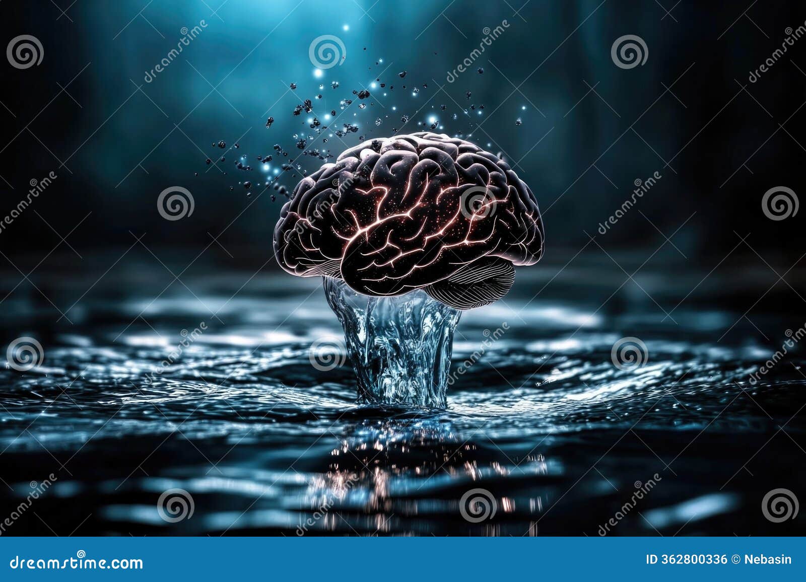 Futuristic Artistic Brain Model Emerging from Water in Blue Atmosphere ...