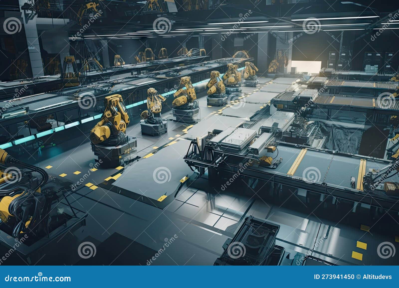 Futuristic Assembly Line, with Floating Robotic Arms and Drones ...