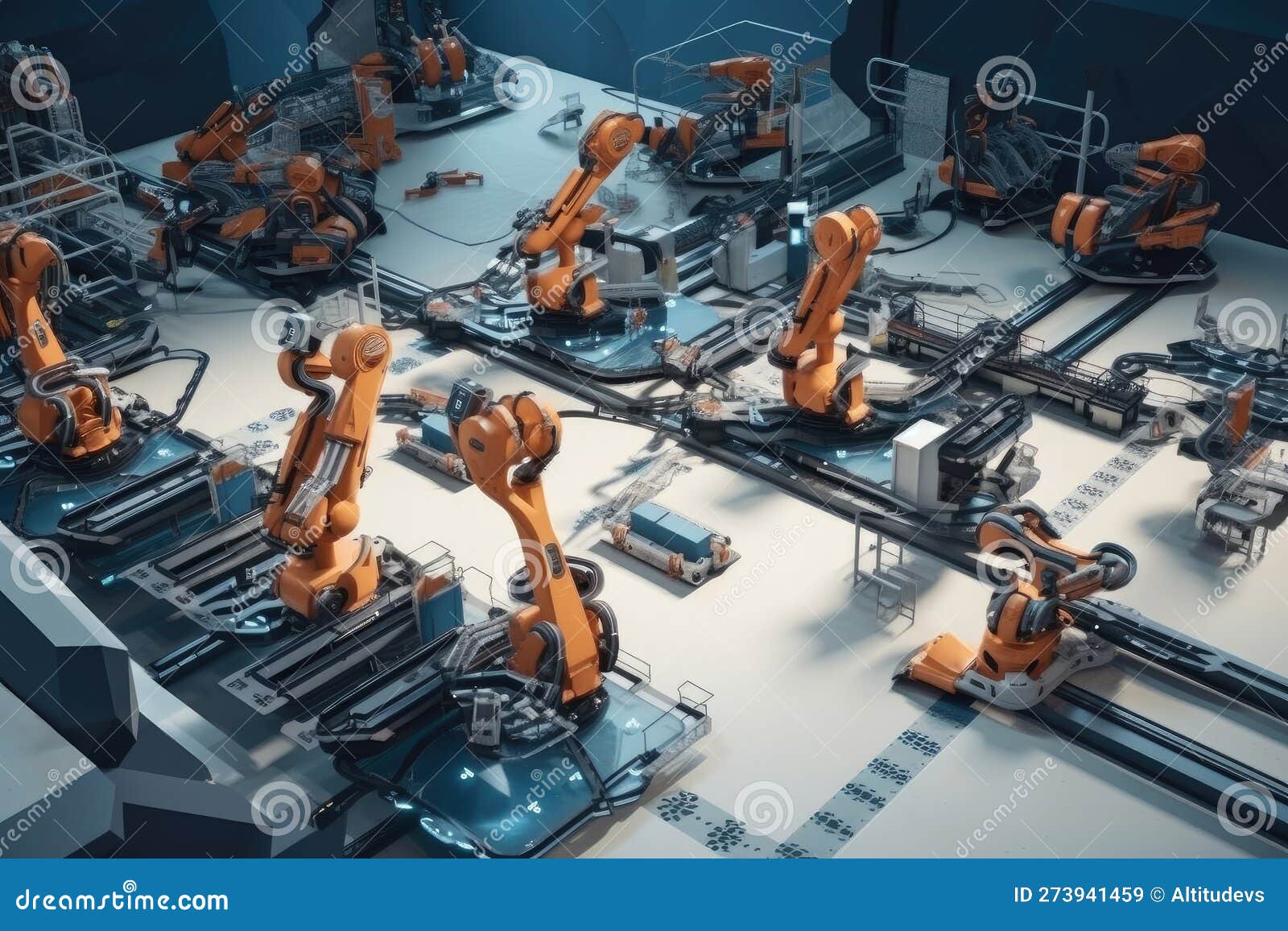 Futuristic Assembly Line, with Floating Robotic Arms and Drones ...