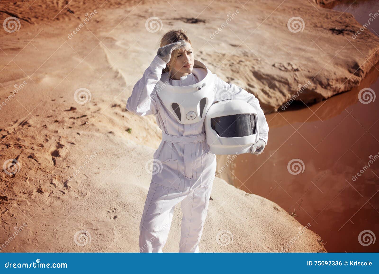 Futuristic Astronaut without a Helmet on Another Planet, Image with the ...