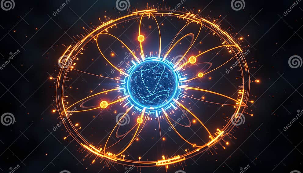 Futuristic Atom Structure with Glowing Blue Core and Orange Orbit Stock ...