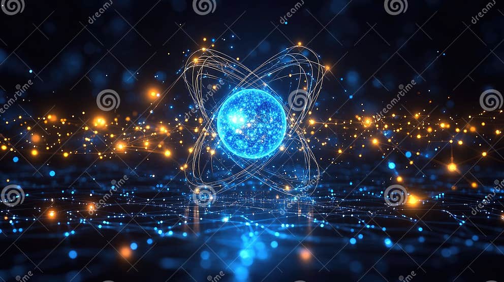 Futuristic Atomic Model with Dynamic Blue and Orange Particle Energy ...