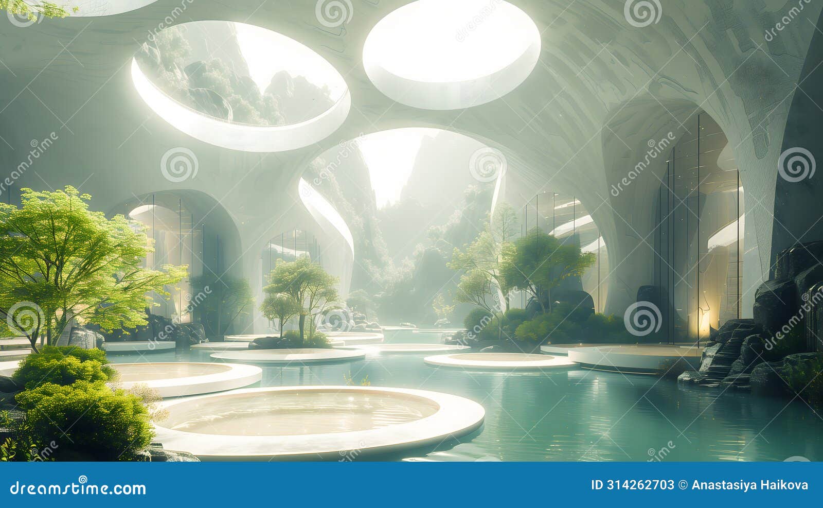 Futuristic Atrium with Circular Openings and Water Gardens Stock ...