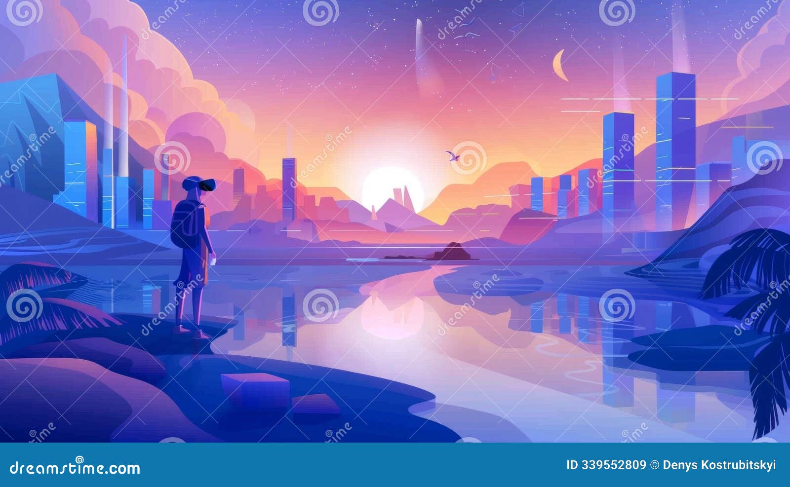 Futuristic Augmented Reality Landscape with VR User at Sunset in ...