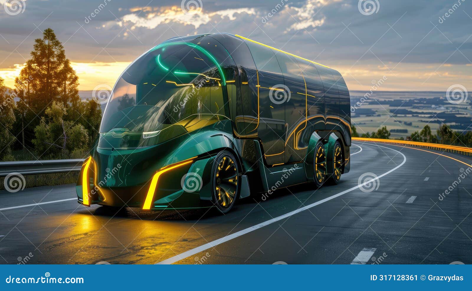 Futuristic Autonomous Green Bus on a Highway. Public Transportation of ...