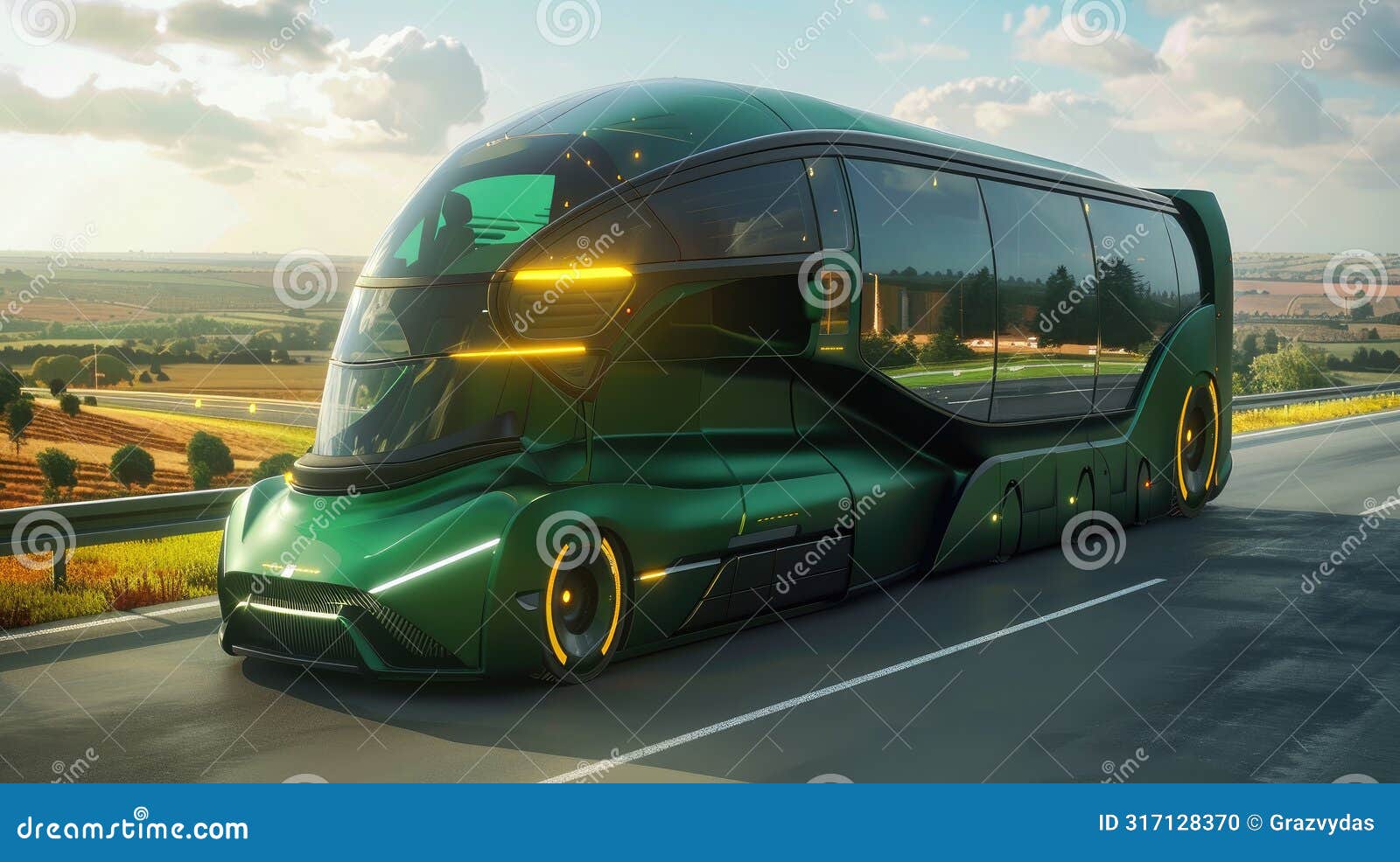 Futuristic Autonomous Green Bus on a Highway Stock Illustration ...
