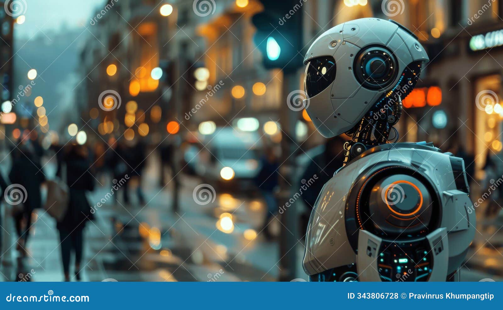 Futuristic Autonomous Robot Waiting at a Traffic Light in a Busy ...