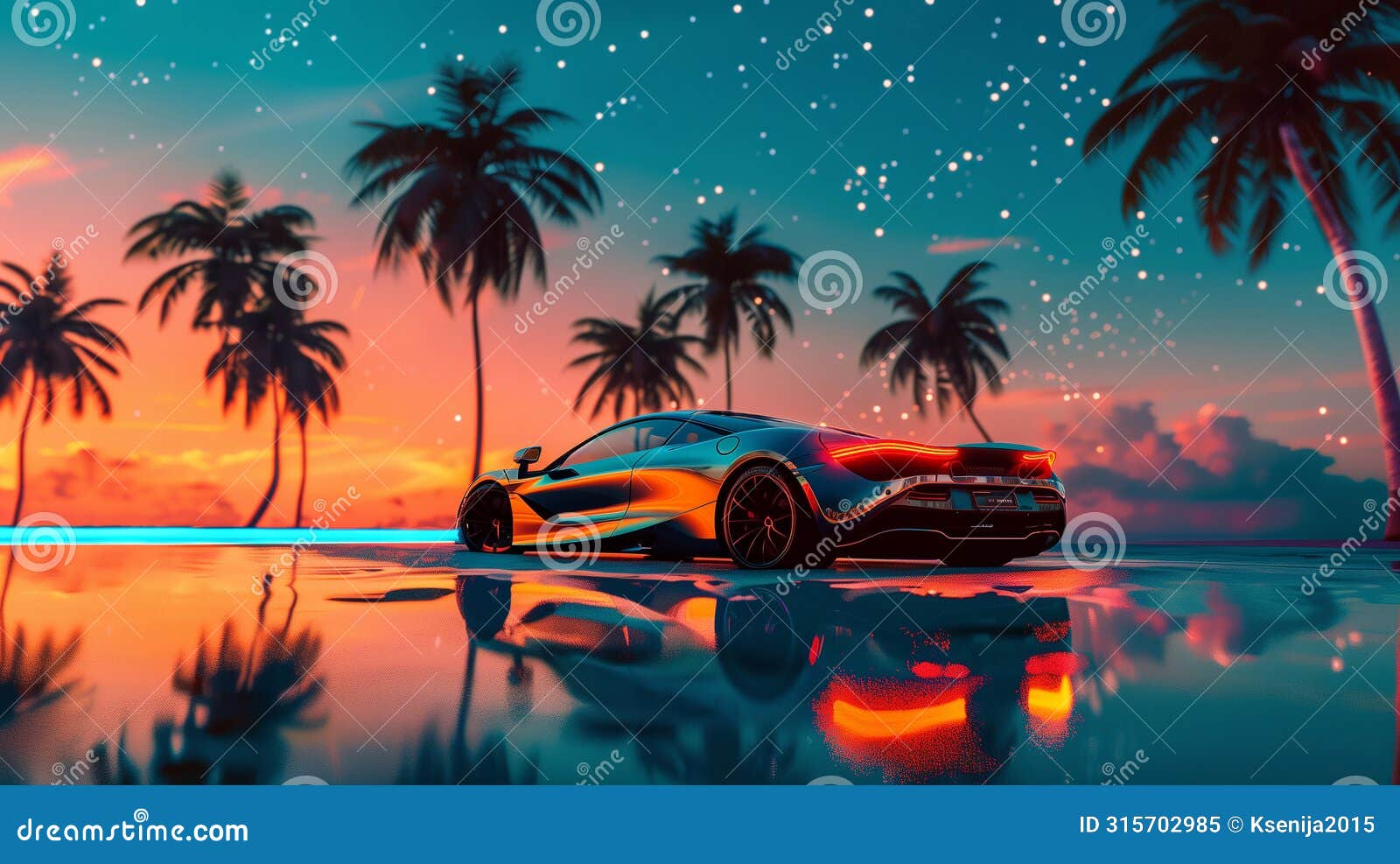 Futuristic Back Side View Supercar on Sunset Background. Neon Concept ...