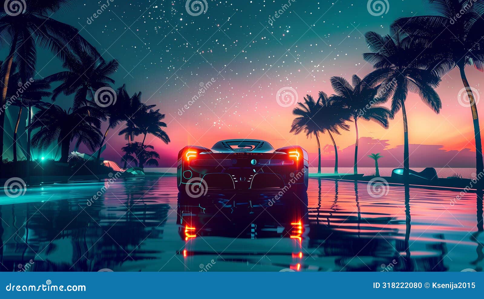 Futuristic Back Side View Supercar on Sunset Background. Neon Concept ...