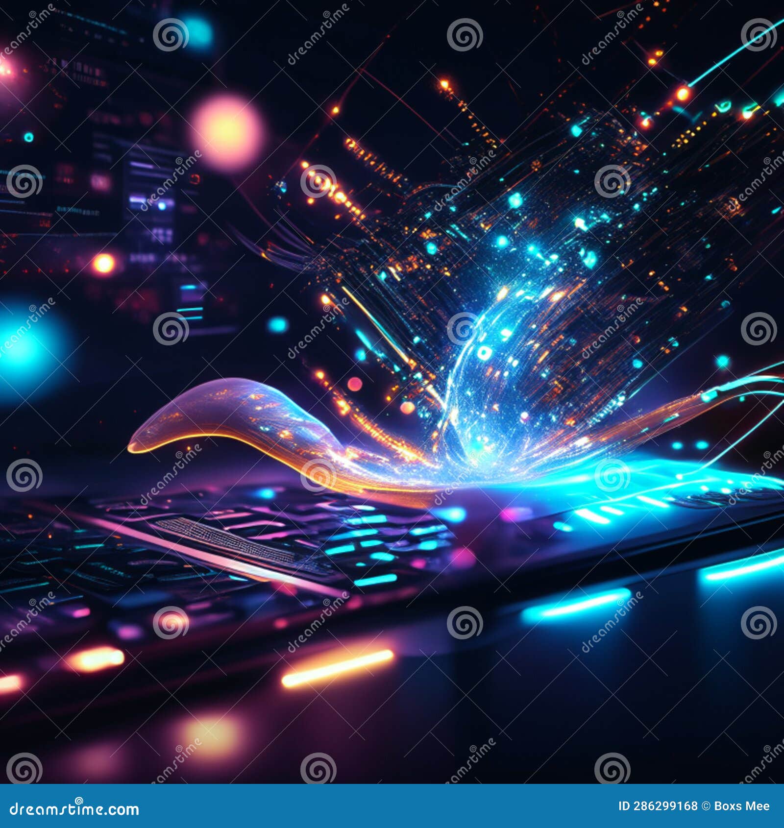 Futuristic Background with Glowing Computer Keyboard. 3d Illustration ...