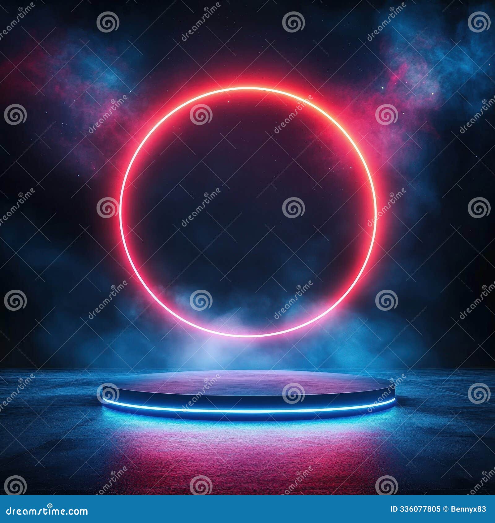 Neon Circle and Platform in Dark Setting. Stock Illustration ...