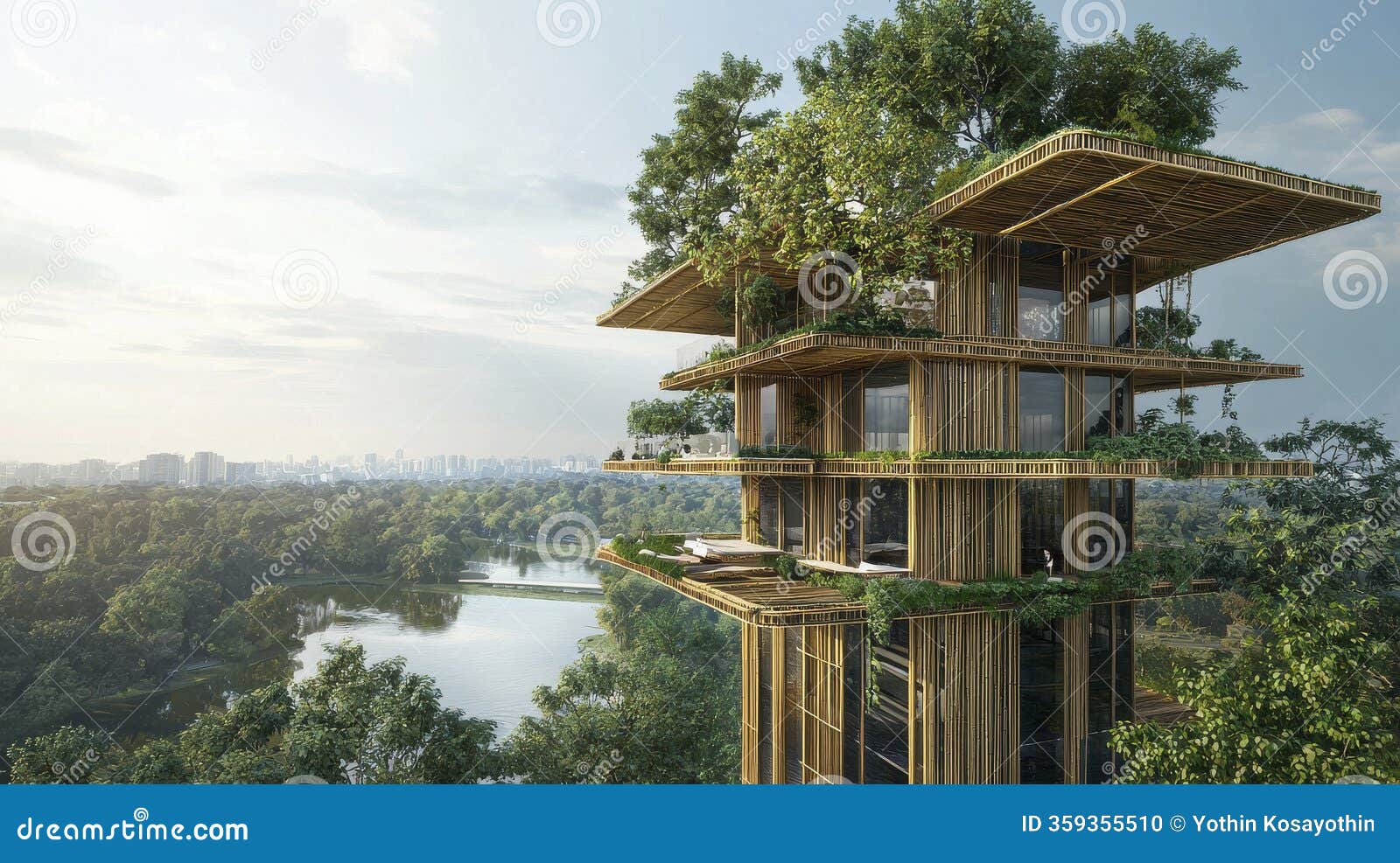 Futuristic Bamboo Tower with Lush Vegetation Stock Illustration ...