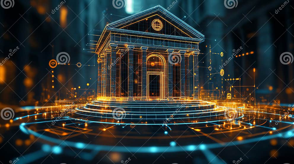 Futuristic Bank Building with Glowing Neon Elements and Digital ...