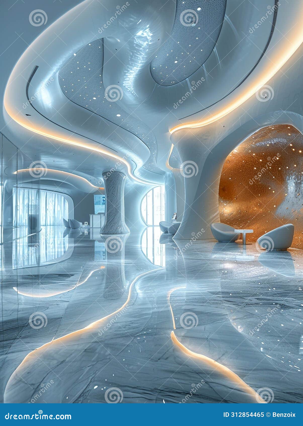 Futuristic Bank Lobby with Interactive Screens and Sleek Surfaces Stock ...