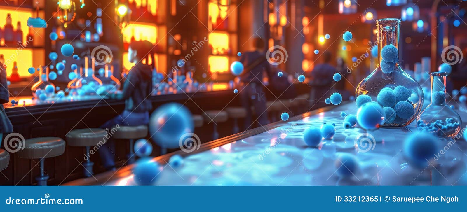 Futuristic Bar Scene with Glowing Blue Molecular Structures and Modern ...