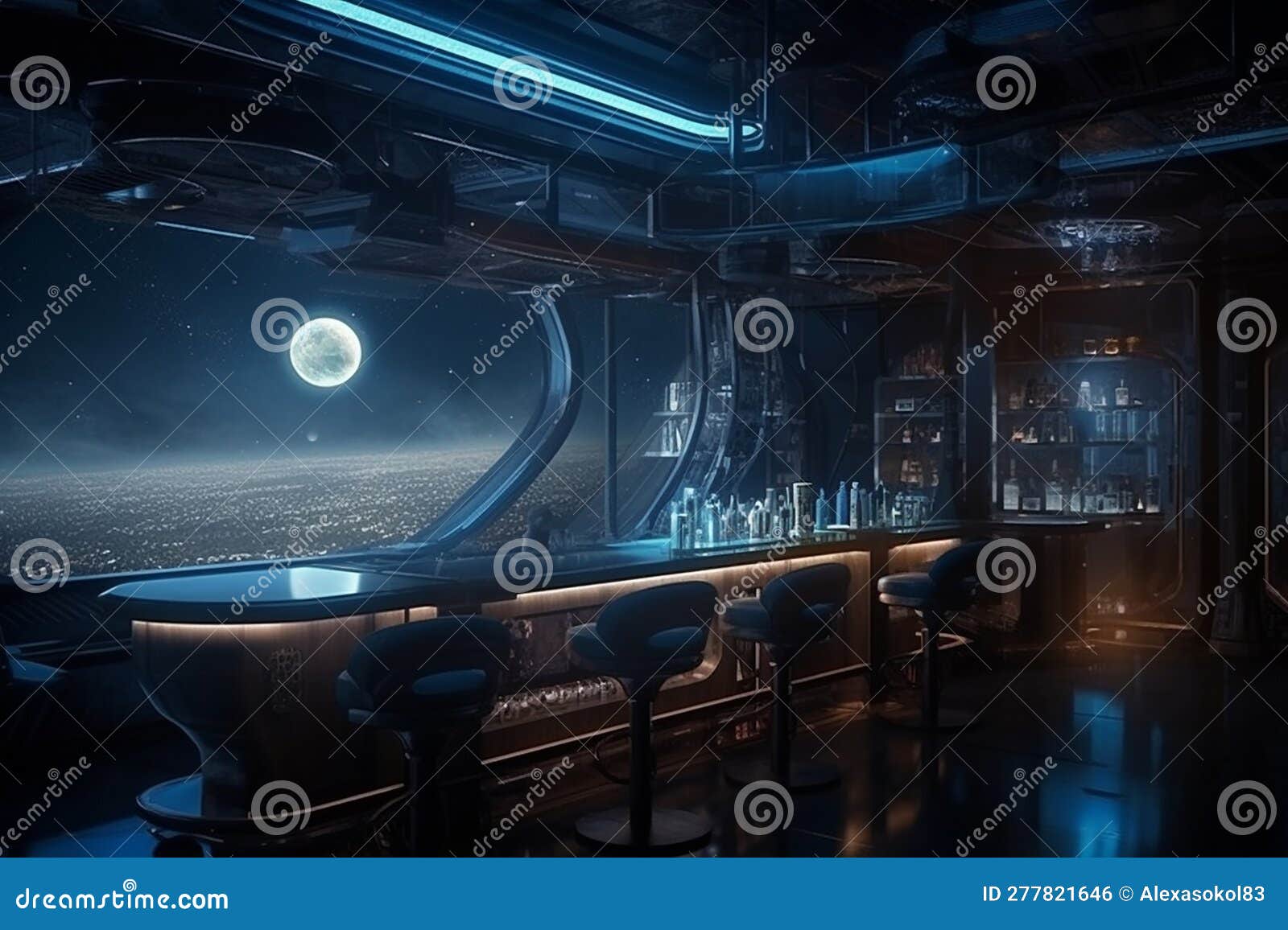 Futuristic Bar in Spaceship with View Over Galaxy Stock Illustration ...