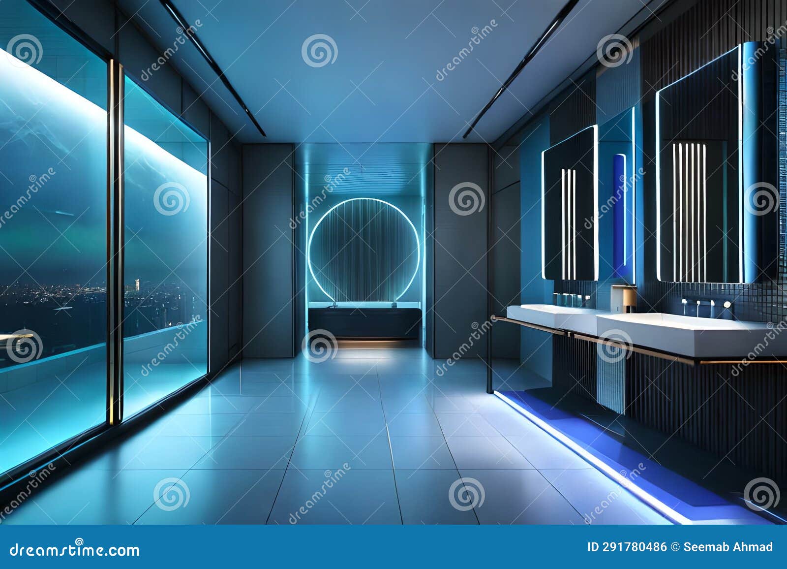 A Futuristic Bathroom with LED-lit Mirrors, High-tech Toilets Stock ...