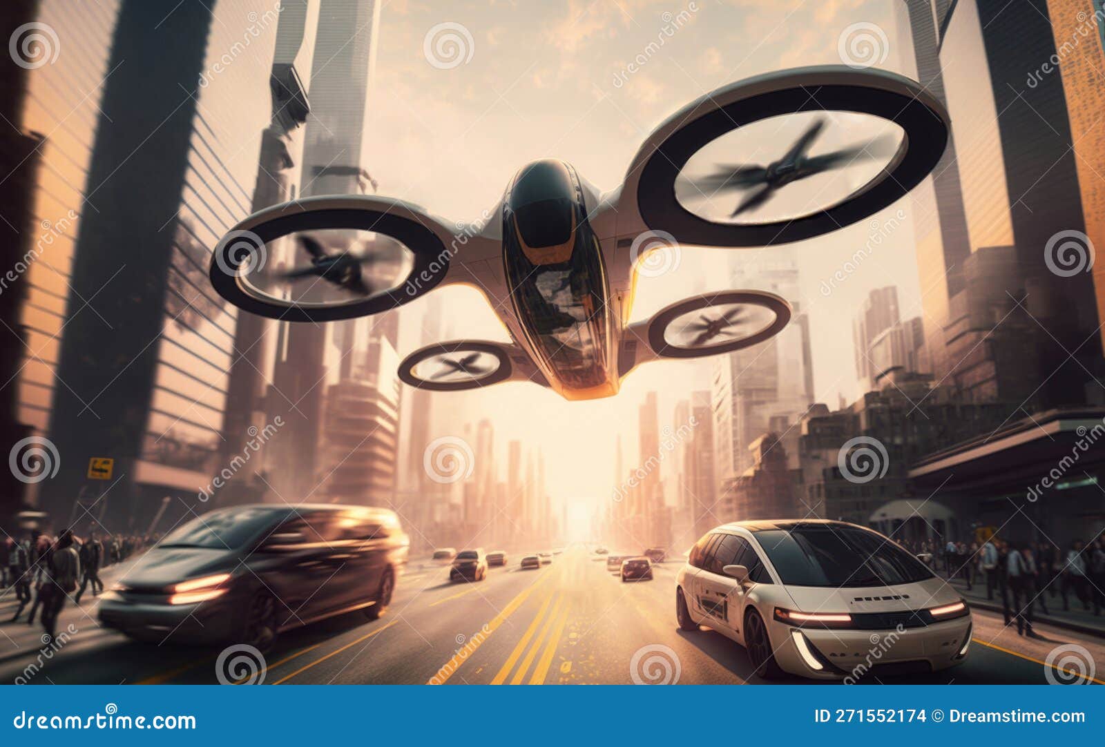 Futuristic Battery Powered Evtol Air Taxi Flying Over The Traffic In The City Sustainable
