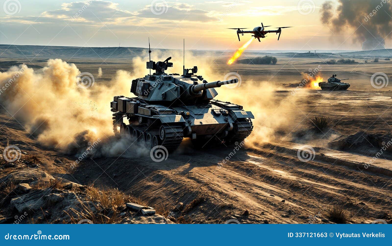 Futuristic Battle Scene: Drones and Tanks in Combat Stock Illustration ...