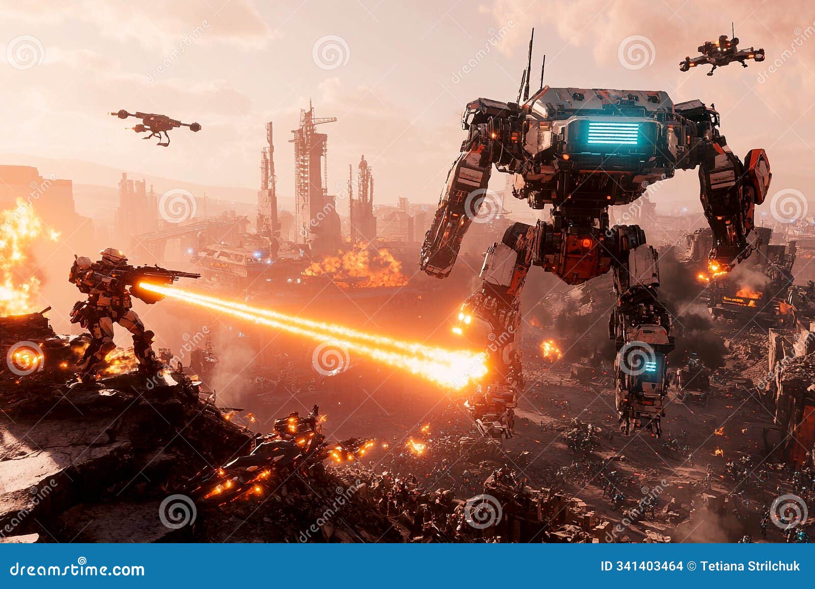 A Futuristic Battle Scene Featuring a Robot Equipped with Lasers and ...