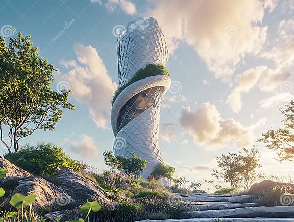 A Futuristic, Bio-inspired Tower with Lush Greenery Stock Illustration ...