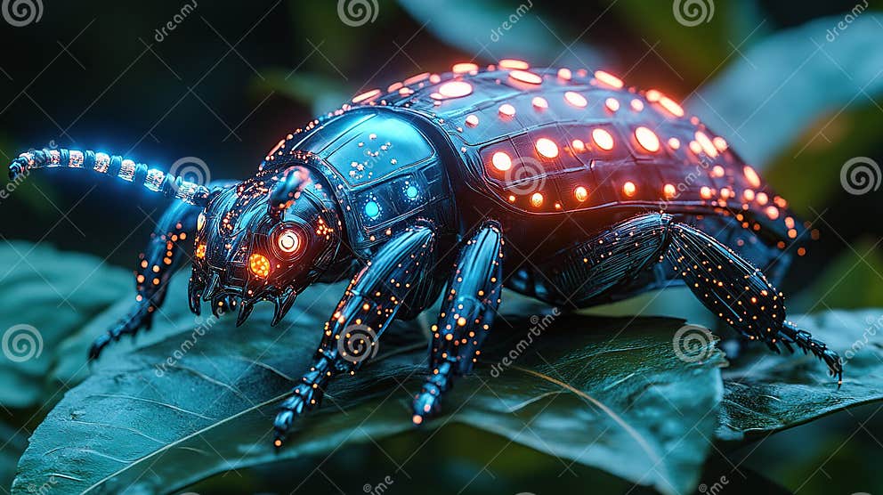 Futuristic Bioluminescent Beetle Robot on a Leaf Stock Illustration ...