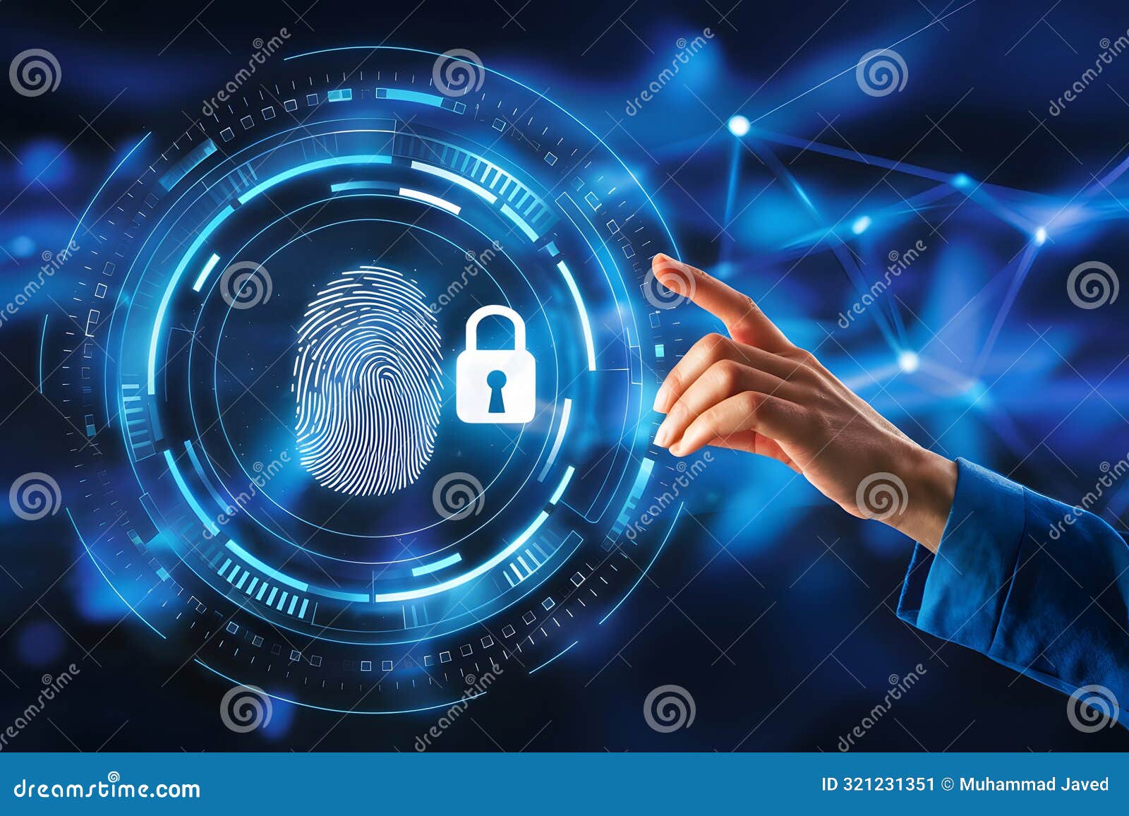 Futuristic Biometric Security Hologram with Human Hand Reaching Out on ...