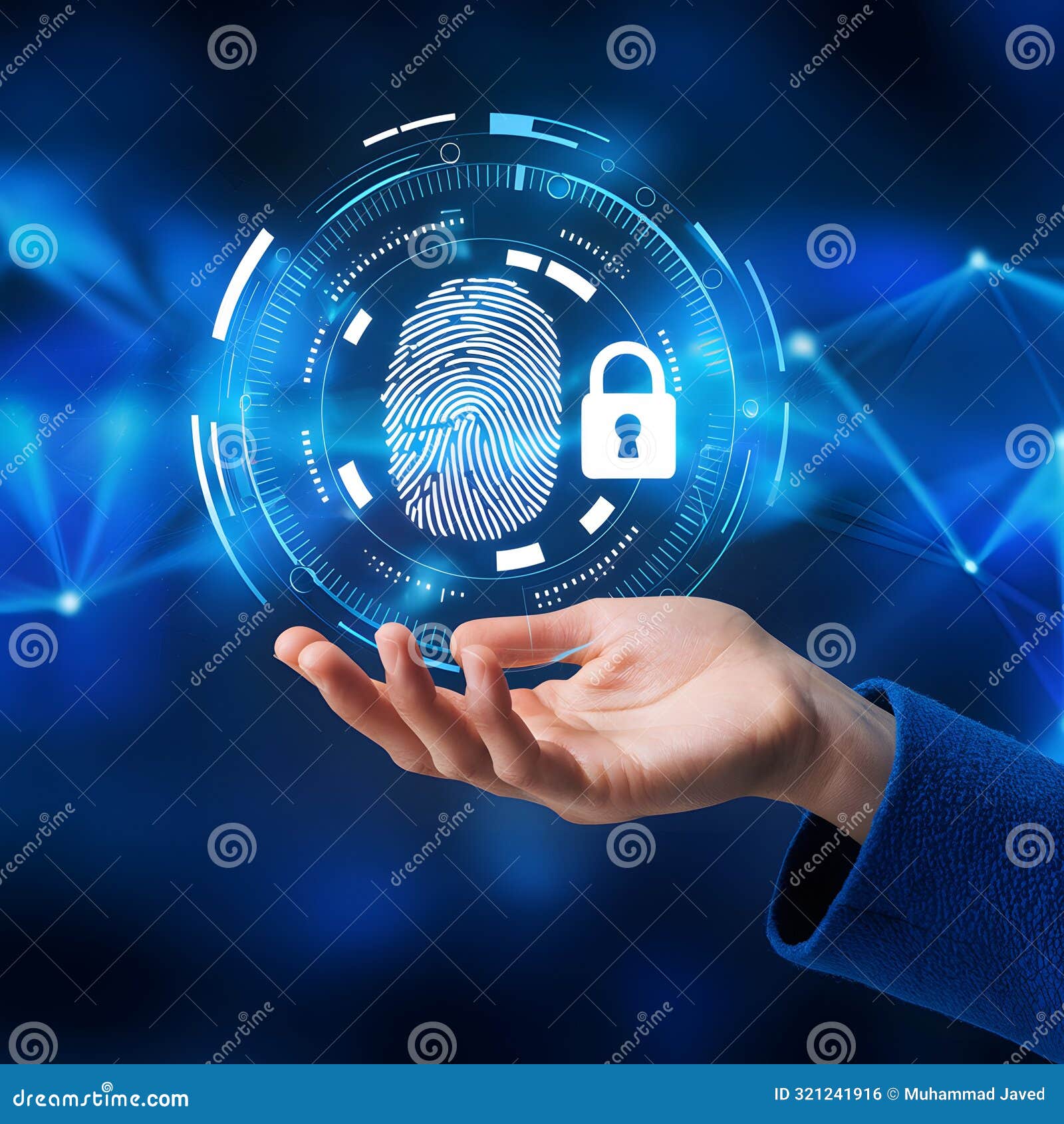 Futuristic Biometric Security Hologram with Human Hand Reaching Out on ...