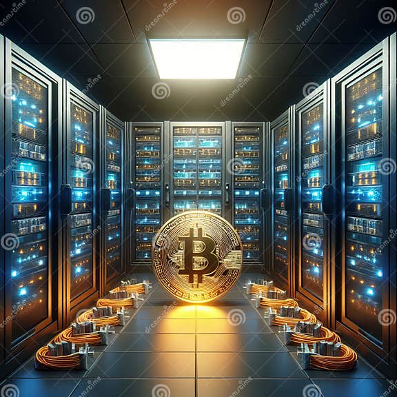 Futuristic Bitcoin Data Center with Glowing Coin Stock Photo - Image of ...
