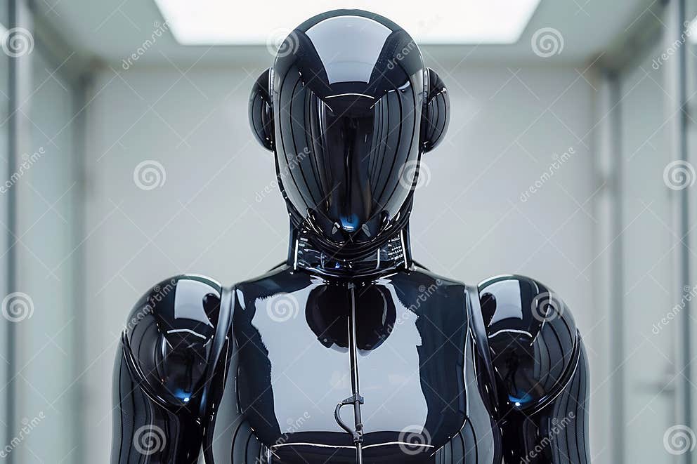 Futuristic Black Humanoid Robot Standing in a Modern Laboratory with ...
