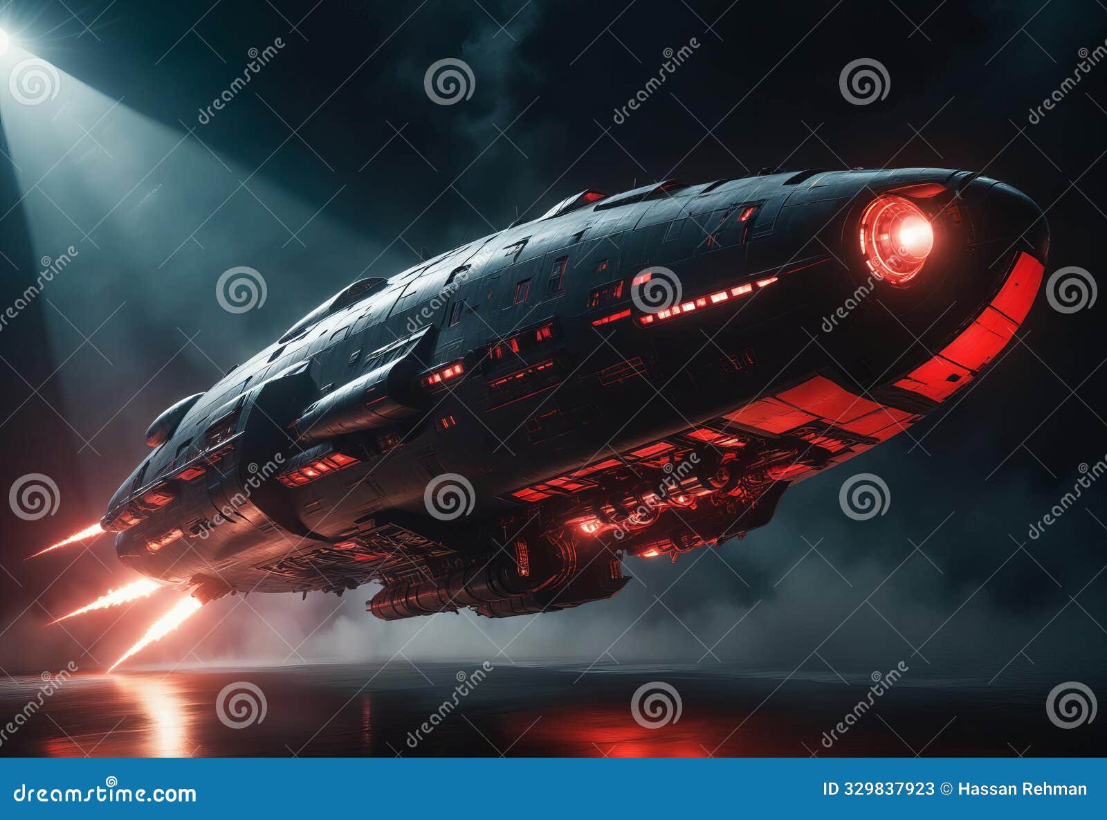 A Futuristic Black Spaceship with Glowing Red Engines and Lights Stock ...