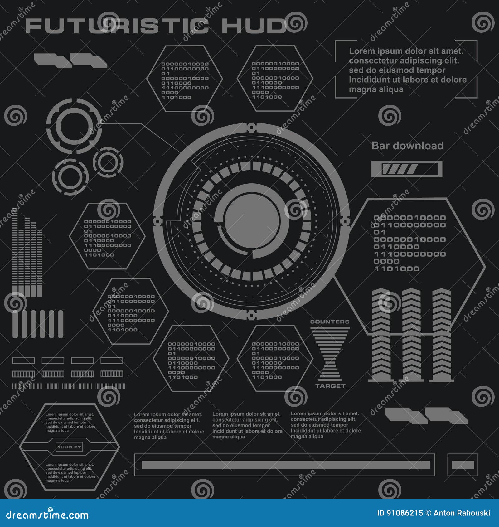 Futuristic Black and White HUD, Virtual Touch User Interface in Flat ...